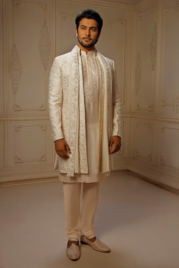 Mint Raw Silk Sherwani Set