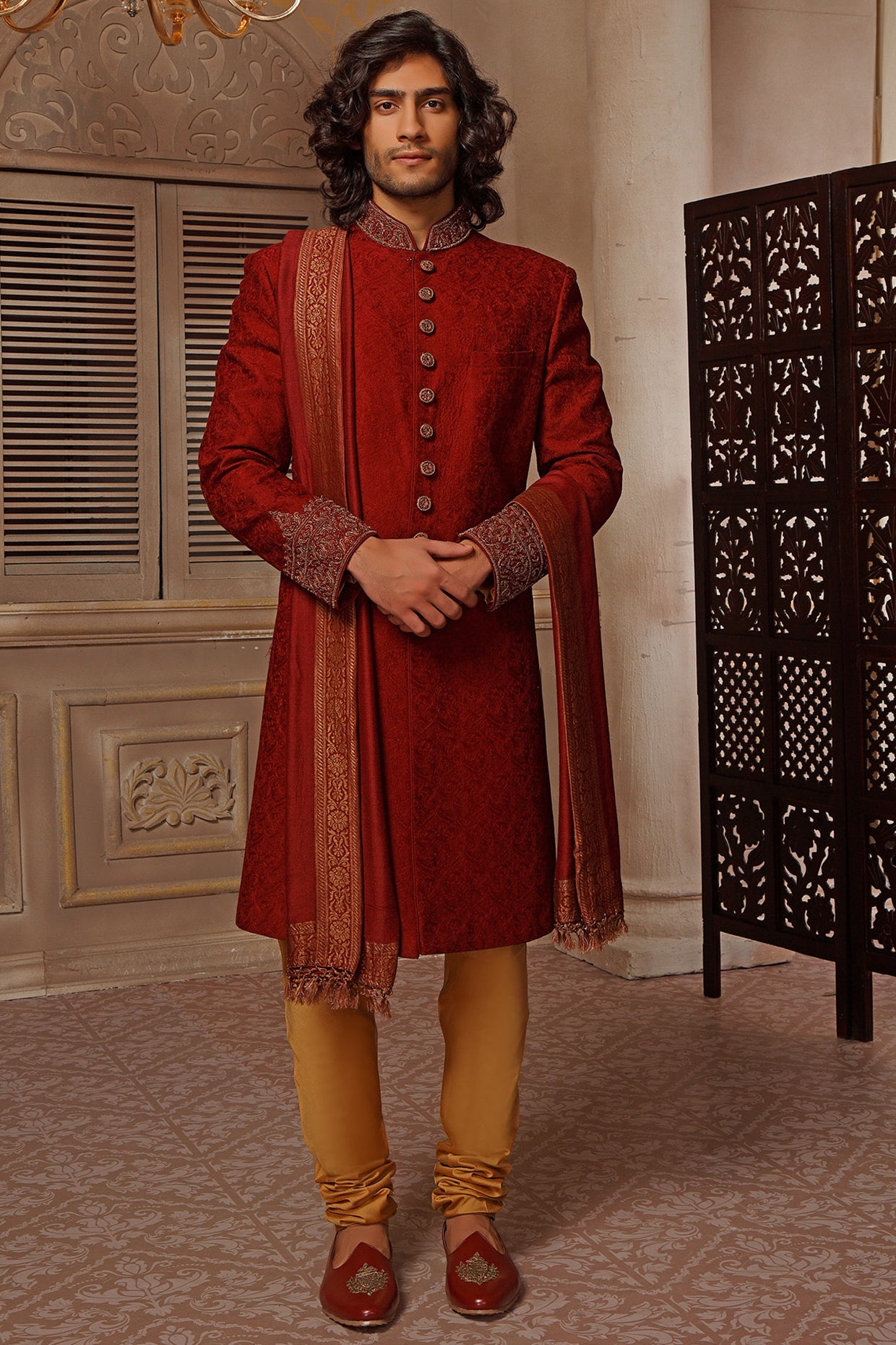 Maroon Hand Embroidered Sherwani Set
